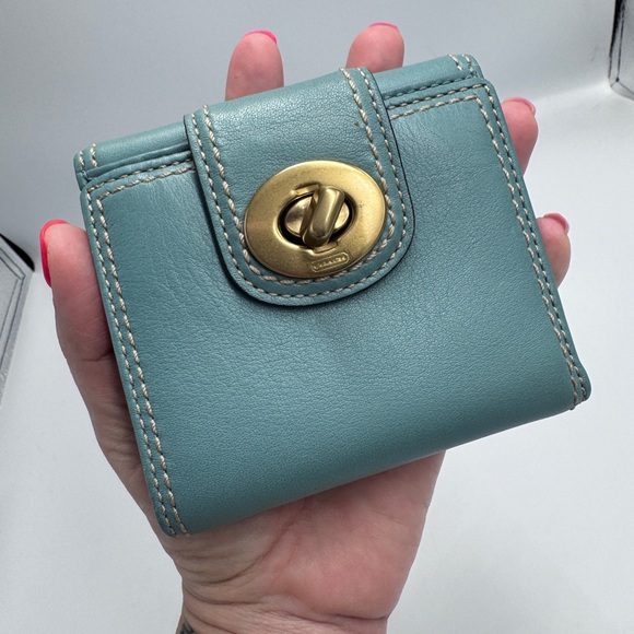 Coach | Bags | Coach Teal Blue Leather Turn Lock Pocket Wallet | Poshmark
